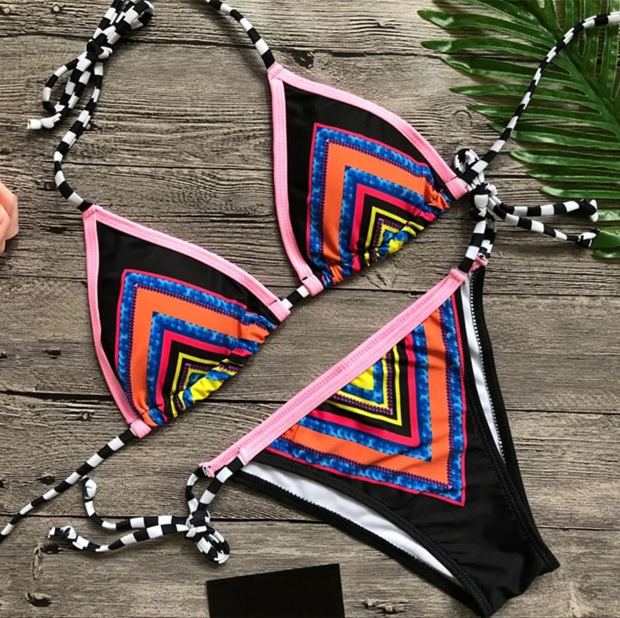 Bikini Set Sexy Push Up Swimwear Women Stripe Printed Bikini Low Waist