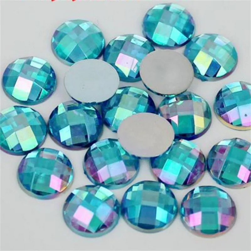 5 12MM Auqa Blue AB Lattice Faceted Round Acrylic Rhinestones Flatback ...