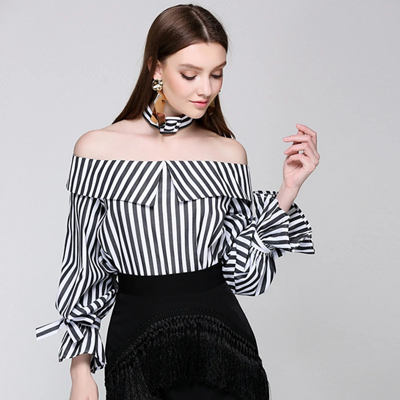 Runway Off Shoulders Blouse Striped Fabric Match Neck Ring Slash Neck
