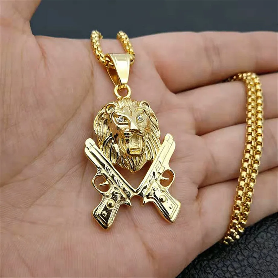 Lion Head Gun Charms Necklace Rock Punk Style Men/Women Jewelry Gold ...