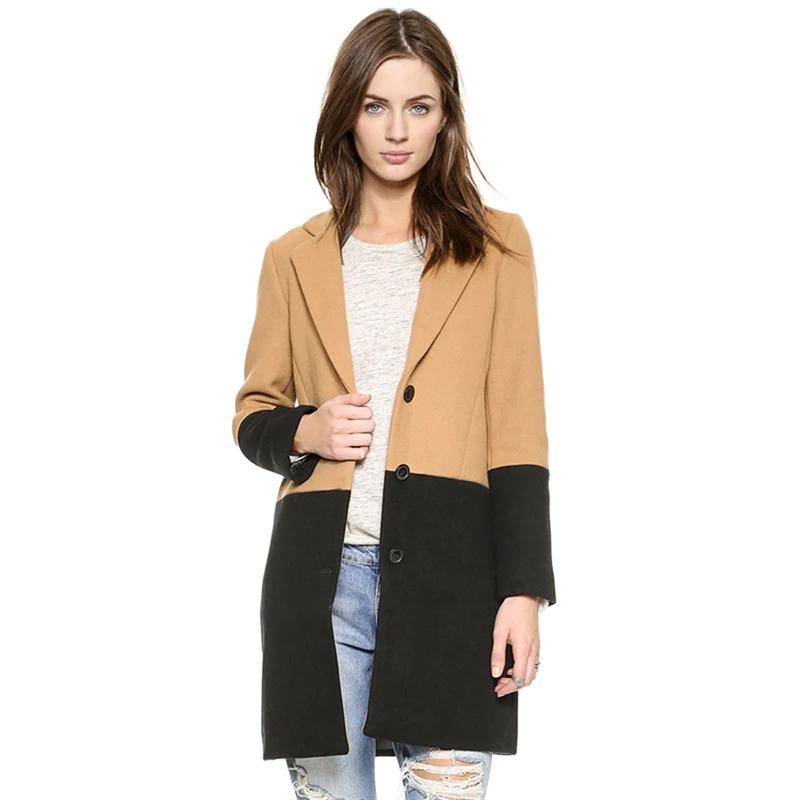 Color Block Women Trench Coats Long Sleeve Contrast Turn down Collar ...
