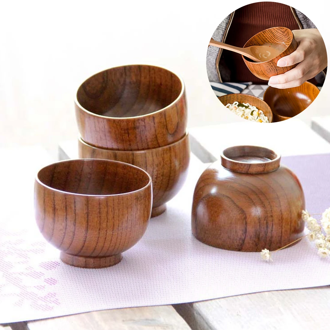 Natural Japanese Style Rice Wooden Bowls Noddle Rice Eating Wooden Bowl ...