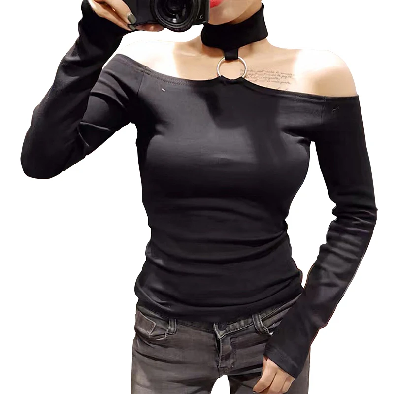2018 Spring Sex Slash Neck Off The Shoulder Long Sleeves Halter Neck T