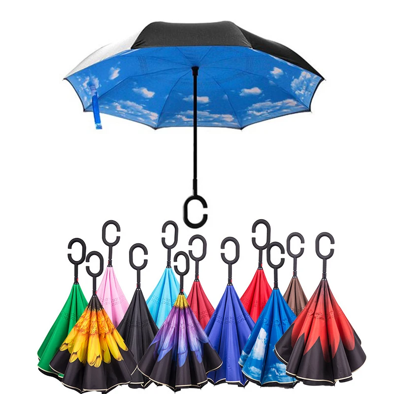 New Creative Illustration Folding Inverted Umbrella Double Inverted ...