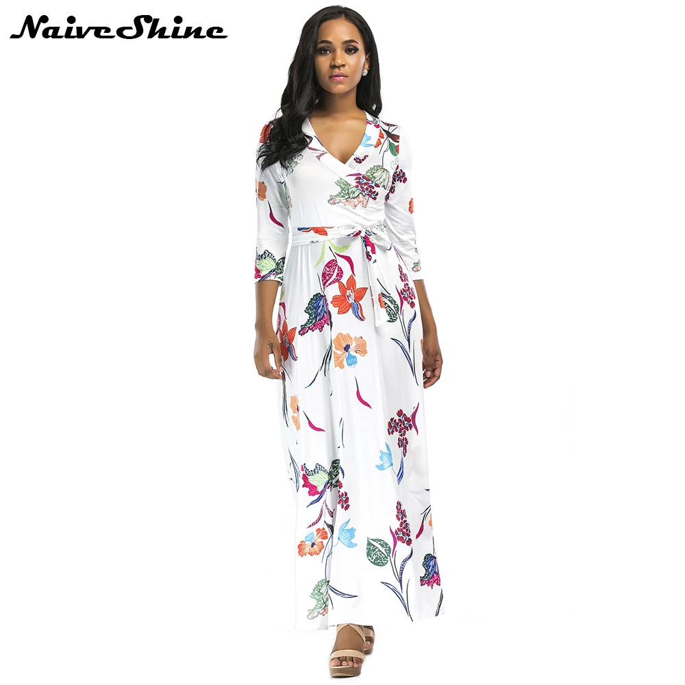 Naive Shine Elegant Bohemian Beach Dresses 3/4 Sleeve V neck Floral ...