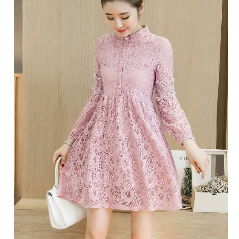 2019 Spring Sweet 3/4 Sleeve women Lace dresses sweet lady pink lace ...