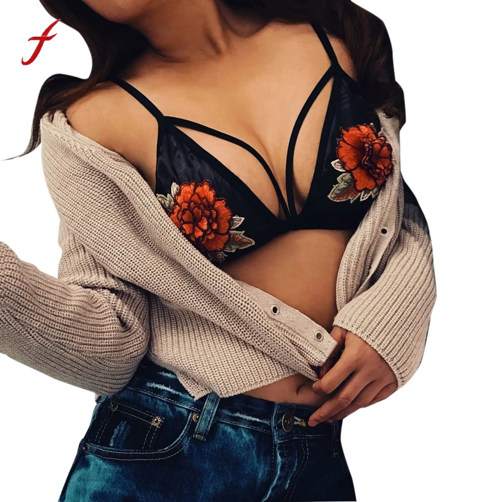 Feitong Women Sexy Crop Tops Summer Lace Embroidered Floral Bandage