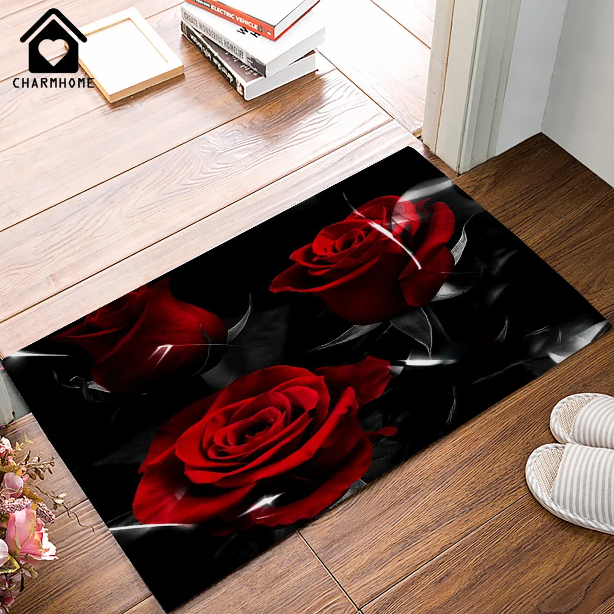 Doormat Decorative Floral Door Mat Glam Fire Red Rose and Black Leaves ...