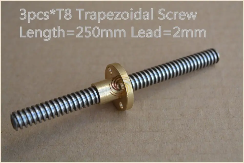 3pcs T8 8mm screw 250mm length 2mm lead trapezoidal spindle screw with ...