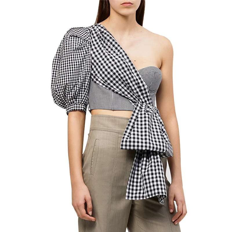 FREE SHIPPING Women Puff Sleeve One Shoulder Irregular Printed Crop Top ...