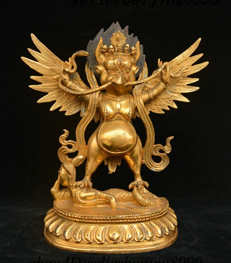 11" Tibetan Bronze Gilt Redpoll Winged Garuda Bird Eagle Buddha Snake ...