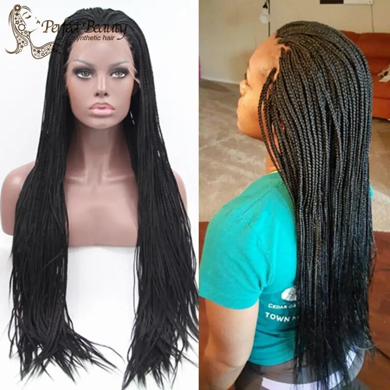 Micro Box Braids Wig Heat Resistant Long Black Synthetic Hair Wig Small