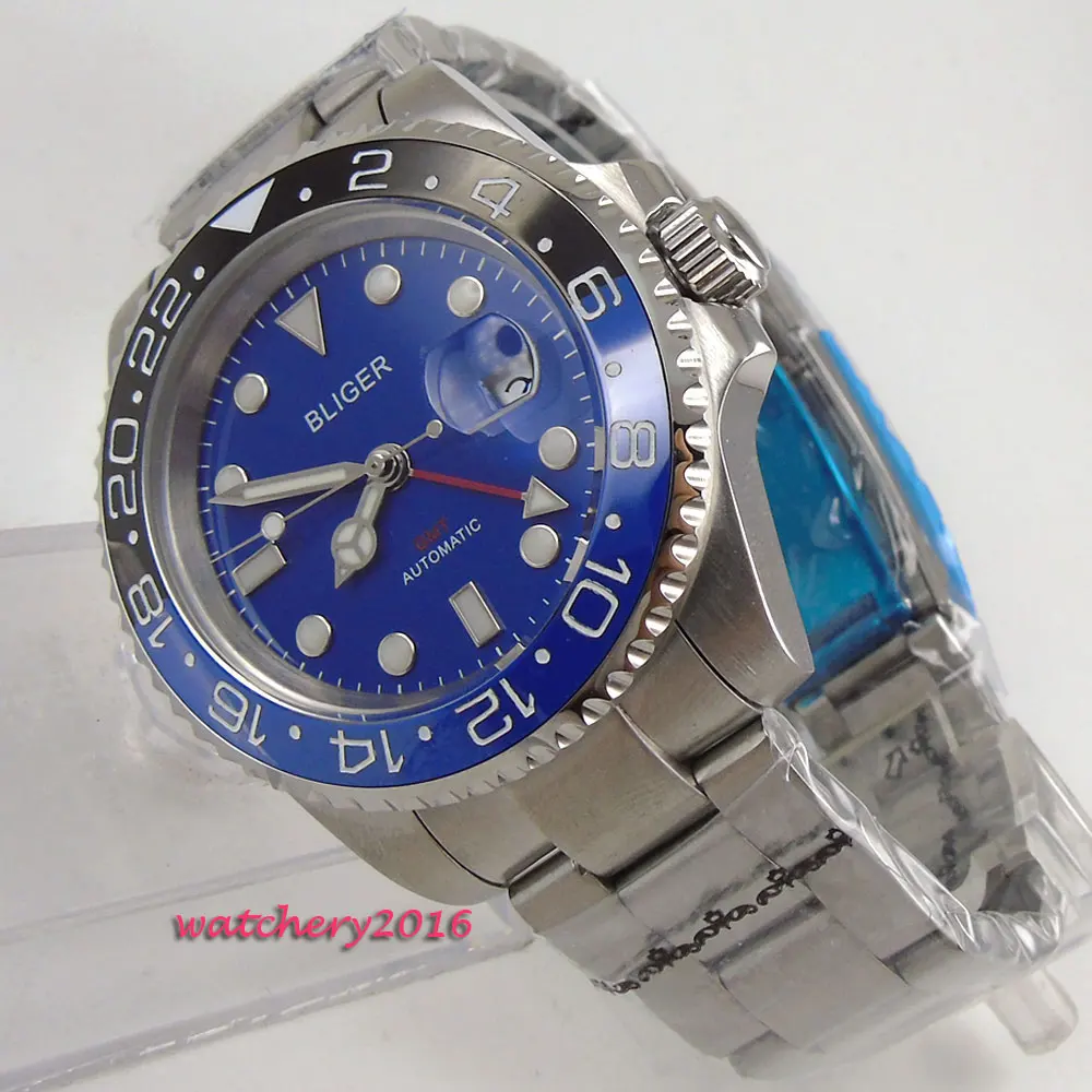 43mm Bliger Blue Dial Black ceramic bezel Top Brand Luxury GMT Sapphire ...