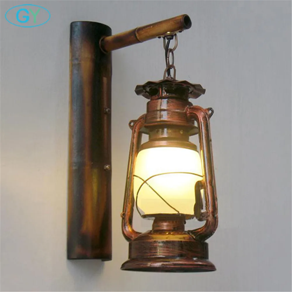 Retro Loft Vintage barn lantern Bamboo Wall lamps Milky Frost glass ...