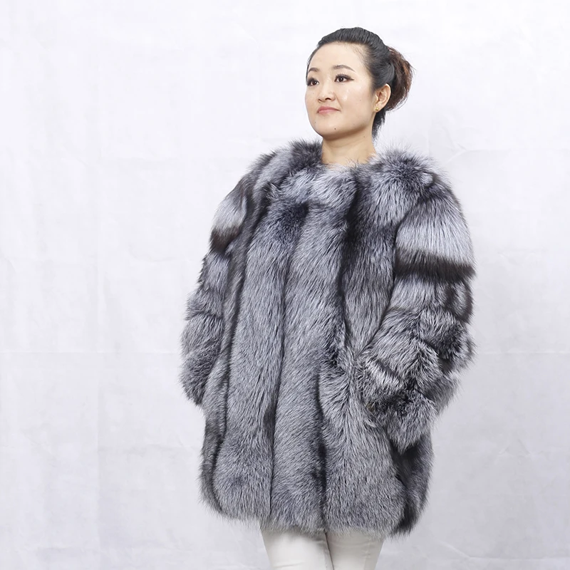 High Quality Women Fox Fur Natural Real Sliver Fox Fur Outerwear Warm O ...