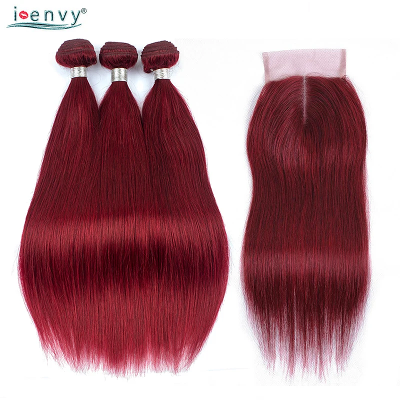 Colored 99J Red Bundles With Closure Straight Brazilian Hair 3 Burgundy ...