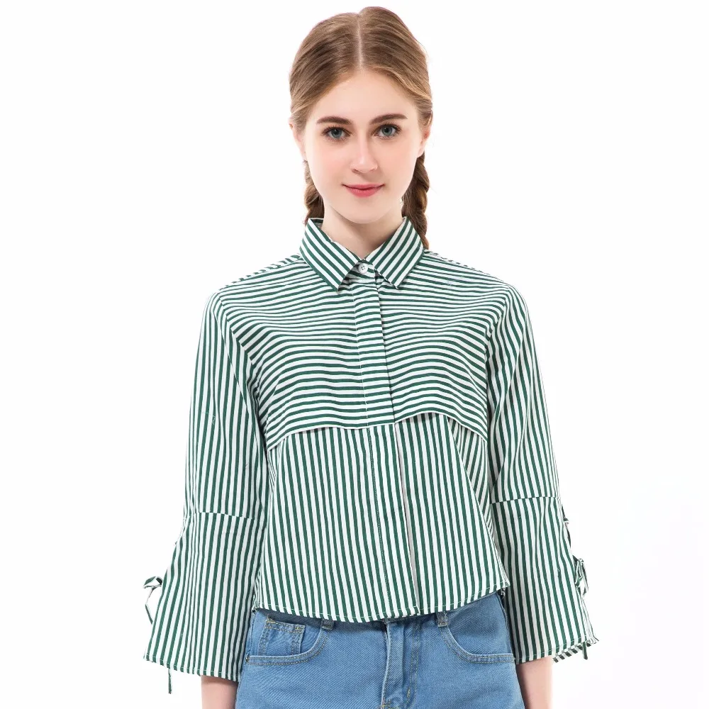 New Plus Size Stripe Blouses Women Shirts Flare Sleeve Bow Ladies Tops