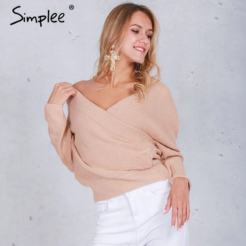 Simplee V cuello suéter mujeres Otoño invierno de manga larga batwing ...