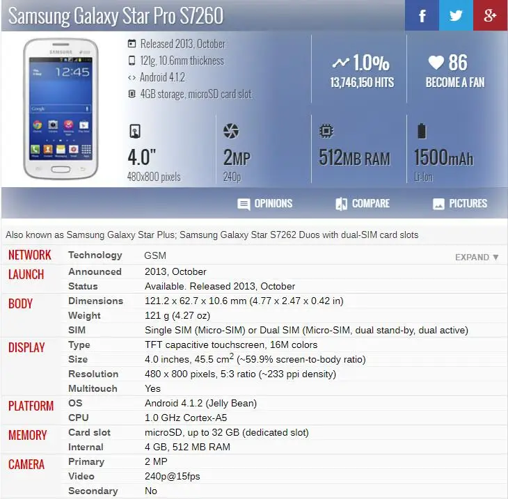 Galaxy Star Pro Specifications