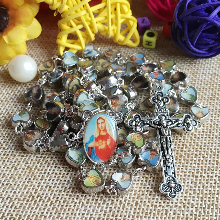 mix catholic figures rosary, alloy heart bead rosary with saint icon ...