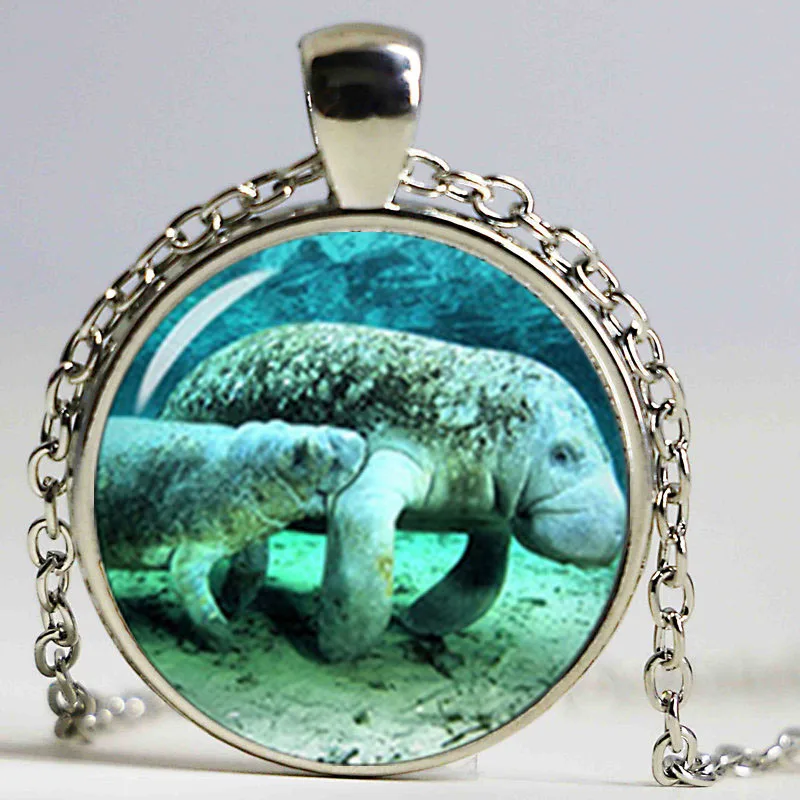Manatee-Glass-Pendant-Choker-Necklace-Men-Women-Fashion-27mm-Round ...