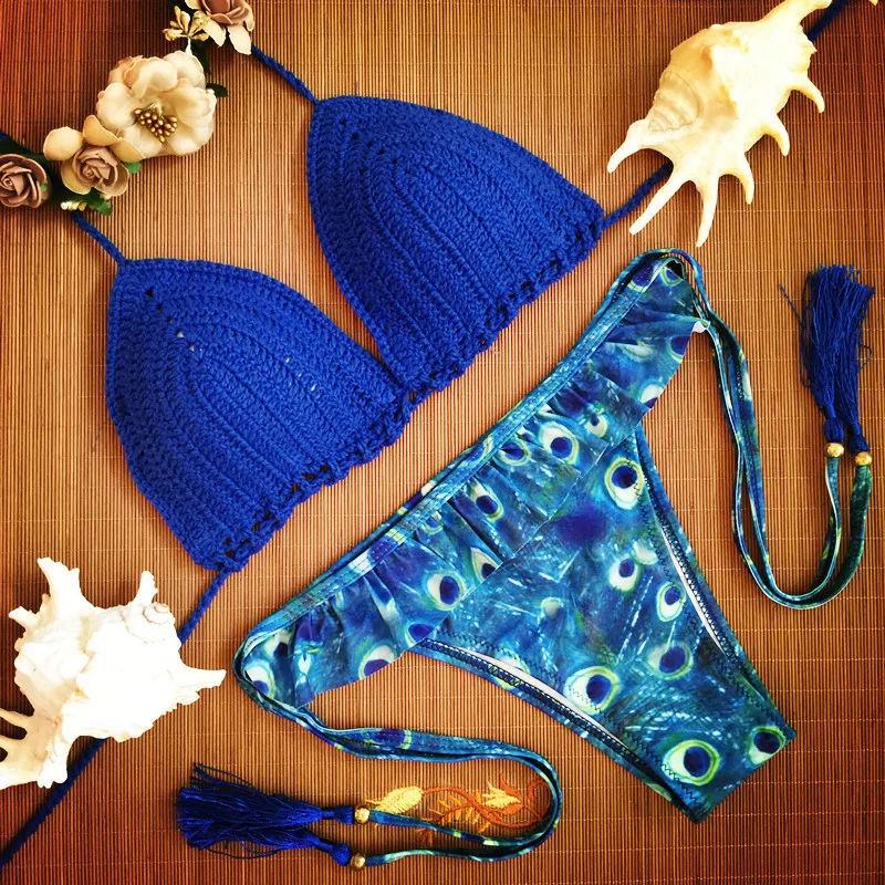 2017 Women Vintage Summer Bikini Sexy Crochet Bikini Blue Top Swimwear