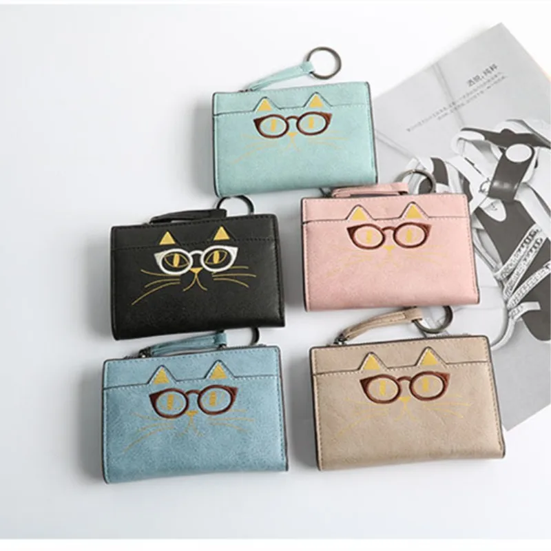 Women Cute Cat Wallets Korean Style PU Leather Short Zipper Wallets ...
