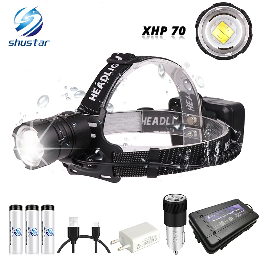 Powerful Xhp70 Led Headlamp Waterproof Headlight Support Zoom 3 Switch ...