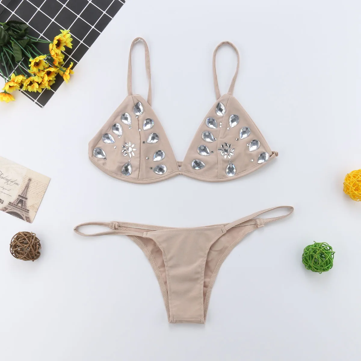 Verão Sexy Mulheres Pedrinhas Glitter Diamante Biquíni Fêmea Empurrar