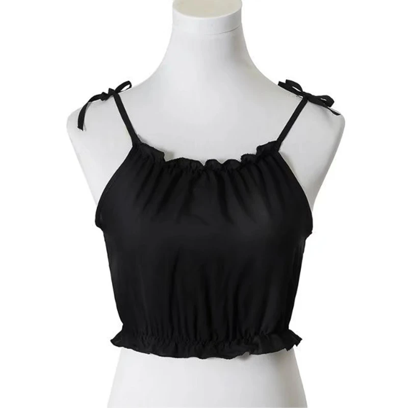 Cute Tie Bow Camis Strap Tank Top Sexy Ruffles Ruched Camisole Crop Top
