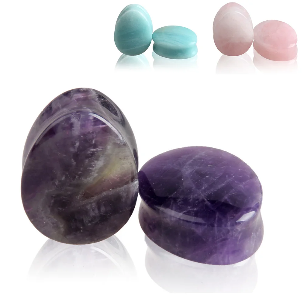 Water Drop Shaped Pink Rose Quartz/Amethyst/Amazon Stone Ear Gauge ...