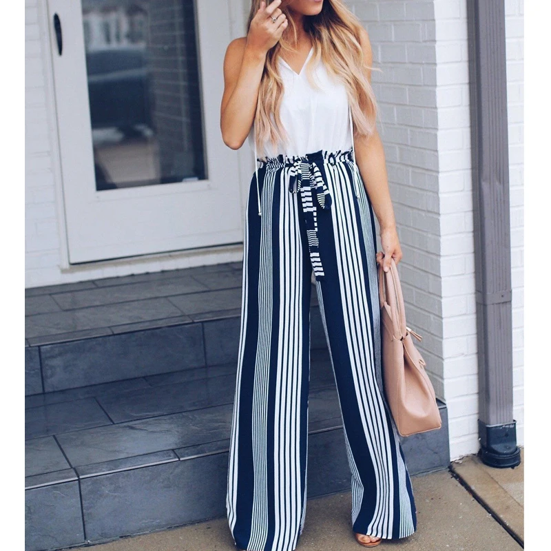 Newly Summer Fashion Causal Women Wide Leg Pants Blue Striped Elastic ...