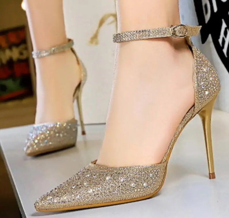 women pumps office ladies chaussure thin high heels shiny crystal party ...