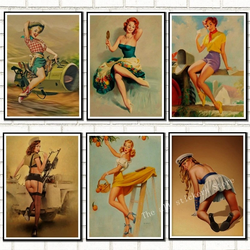 World War Ii Pinup Girls Classic Retro Kraft Paper Poster Sexy Girl Decorative Painting Military ...
