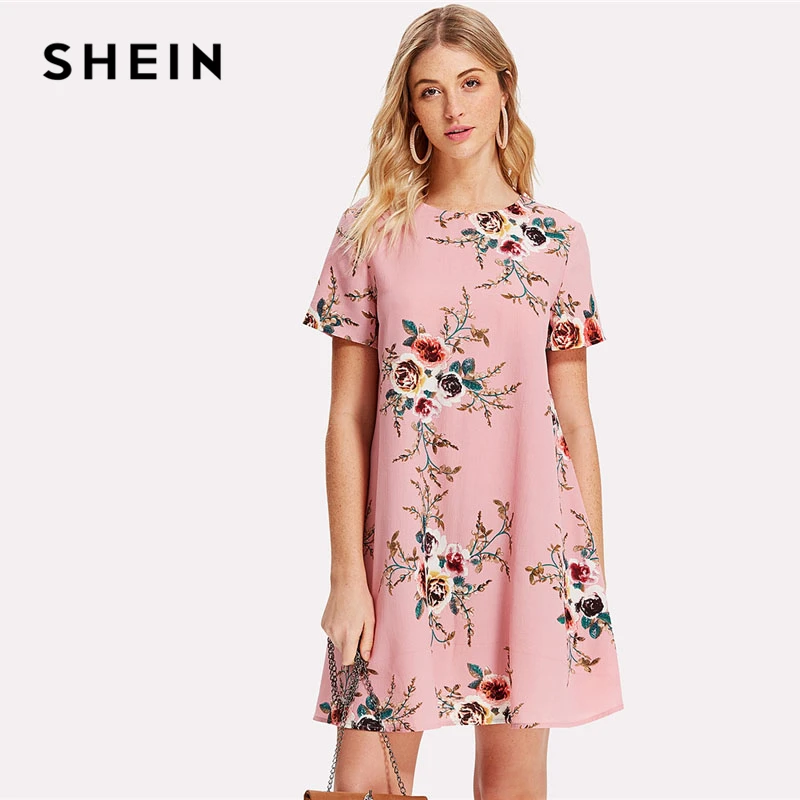 SHEIN Flower Print Swing Dress Women Pink Round Neck Short Sleeve ...