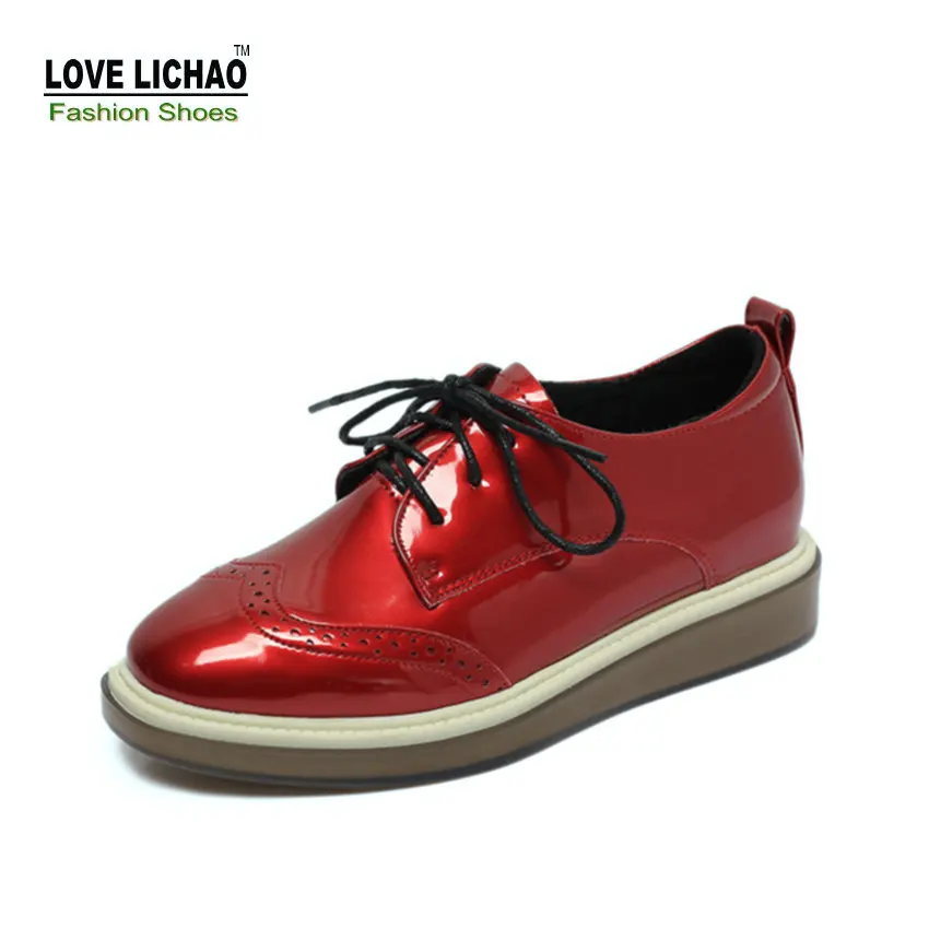 Love Lichao Red Oxford Shoes For Women Spring Round Toe Lace up Casual ...