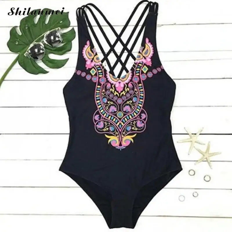 2018 Off Shoulder One Piece Swimsuit Sexy Black Print Monokini Swimsuit ...