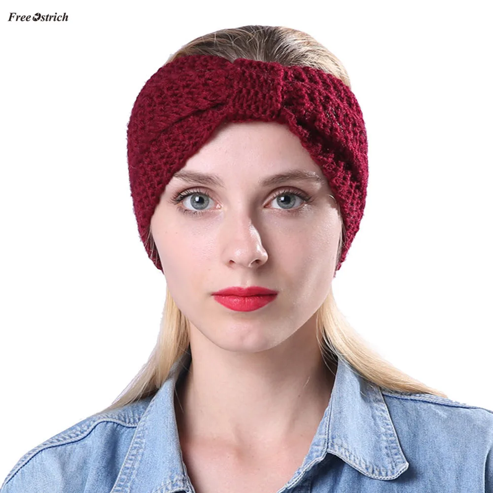 Free Ostrich Bow Headband Elastic Knitting Woolen Winter Warm Ear Women