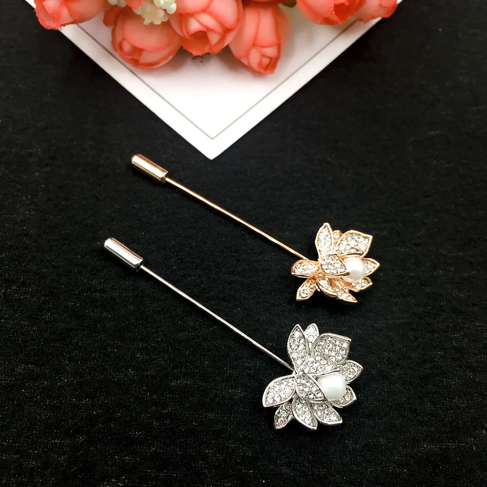 New Vintage Rhinestone Lotus Brooches Pins Women Simulated Pearl Flower ...