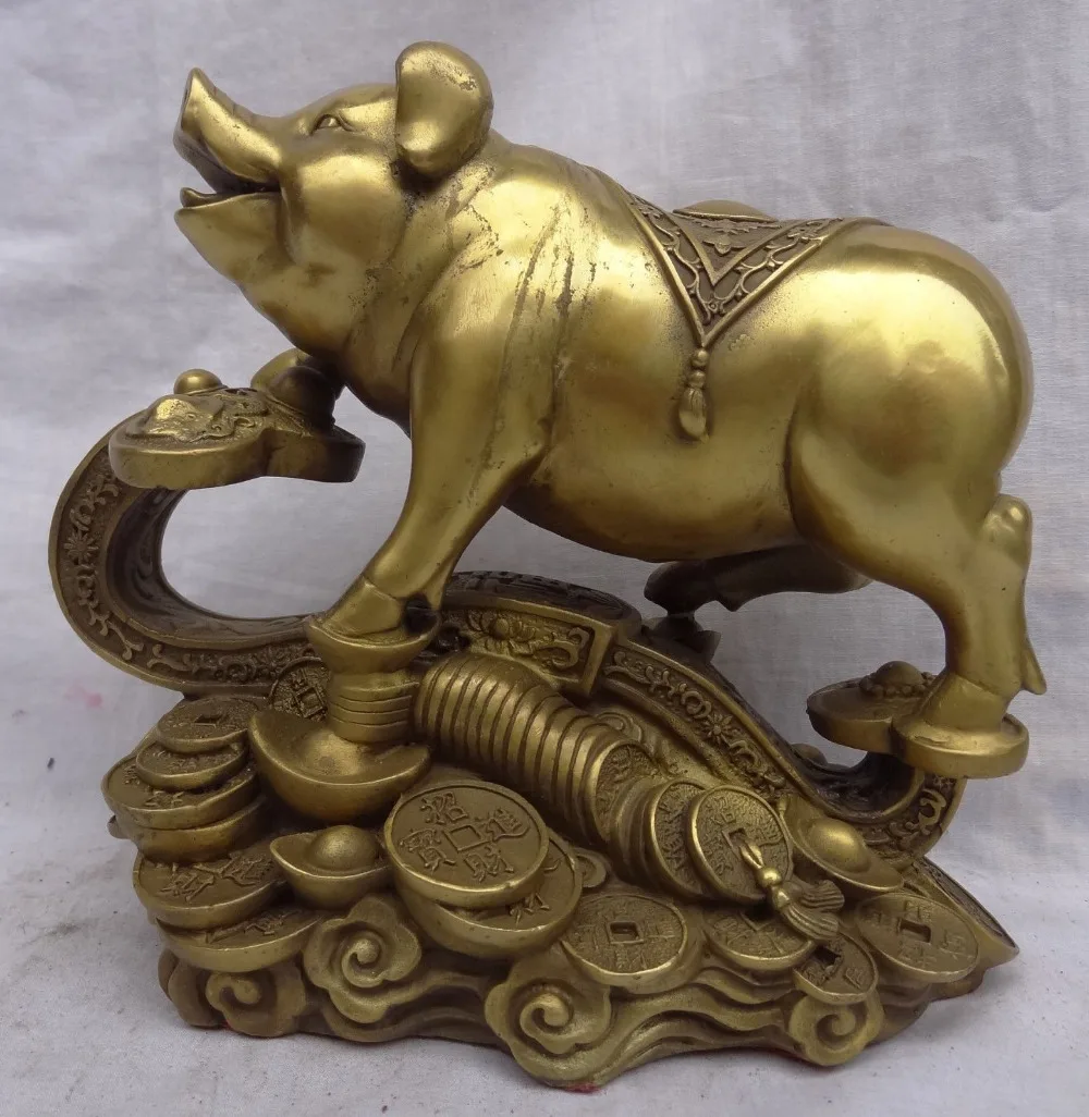 9" Chinese Year Zodiac Pure Brass Welath Cai Fu YuanBao Coin Pig On ...