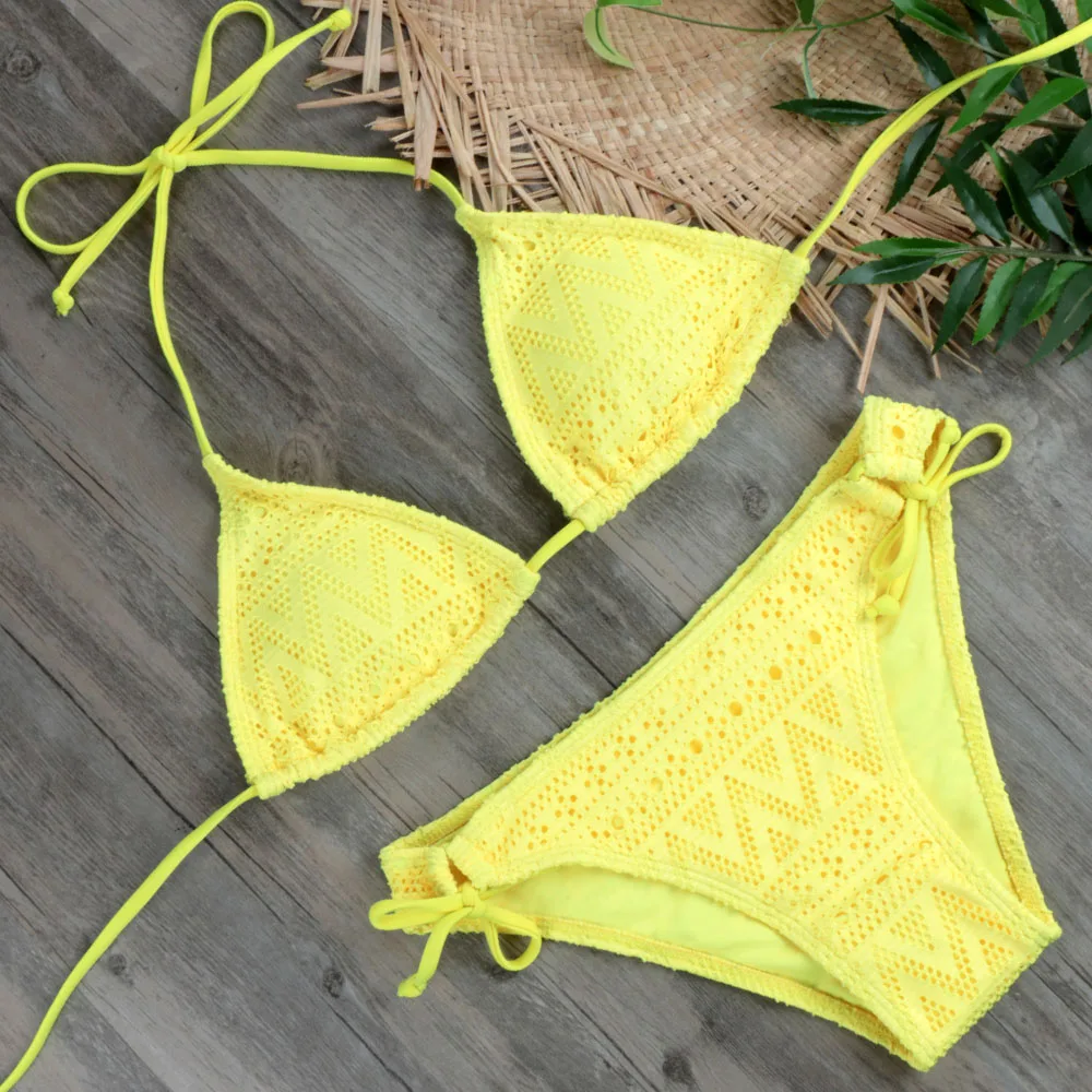 2018 Girls Sexy Lace Bikini Set Swimwear Yellow Push Up Swimsuit