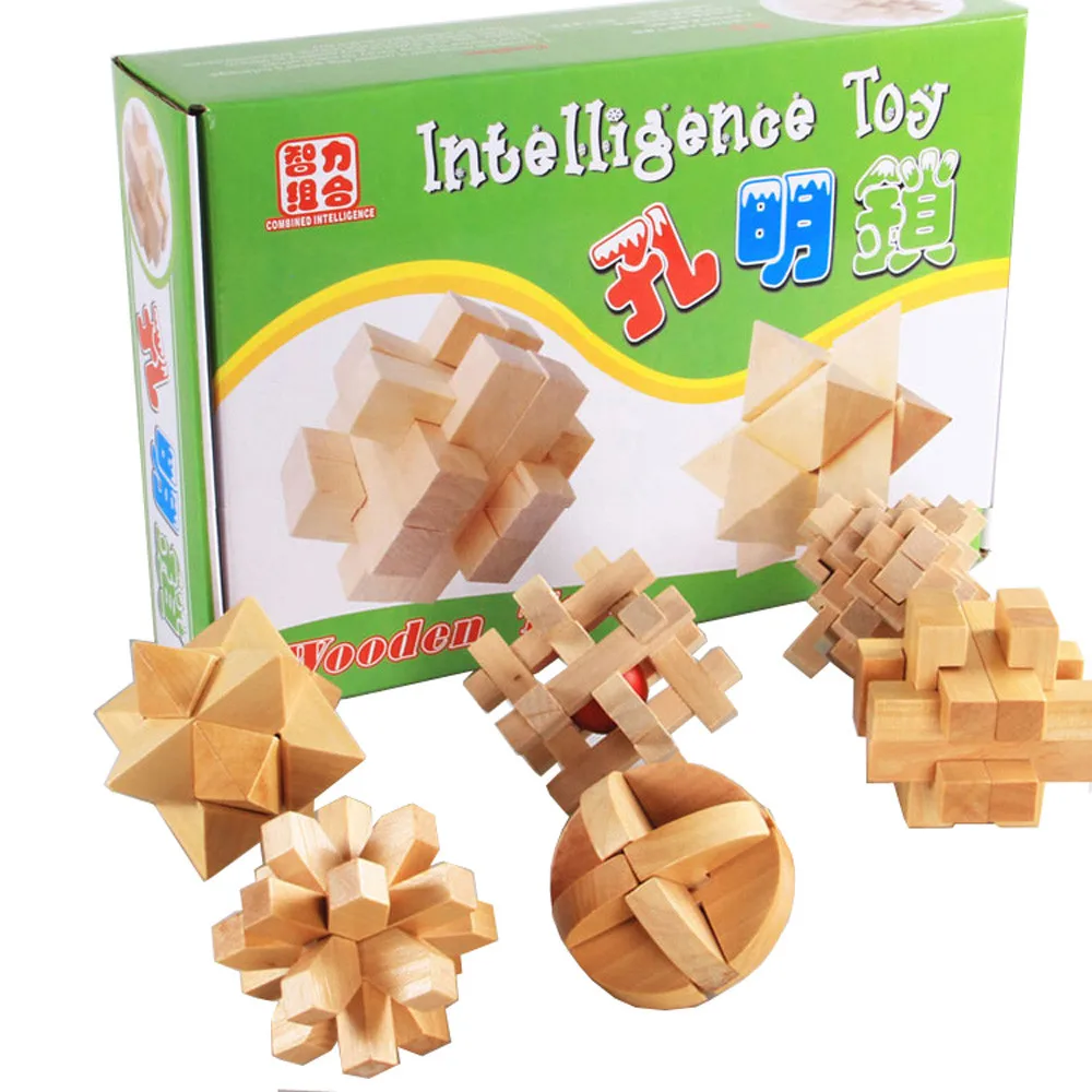Novelty 6PCS 3D IQ Game Fun Puzzle Wooden Intelligence Brain Teaser Toy ...