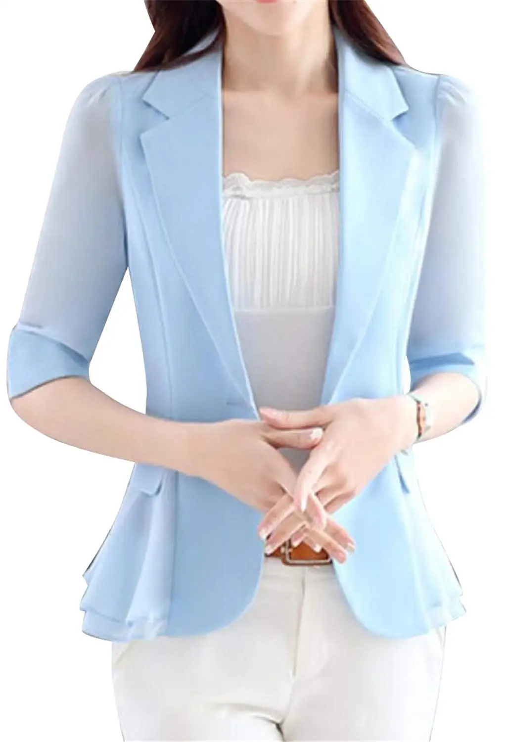 Women Chiffon Slim Ruffle 3 4 Sleeve Thin One Button Lightweight Solid