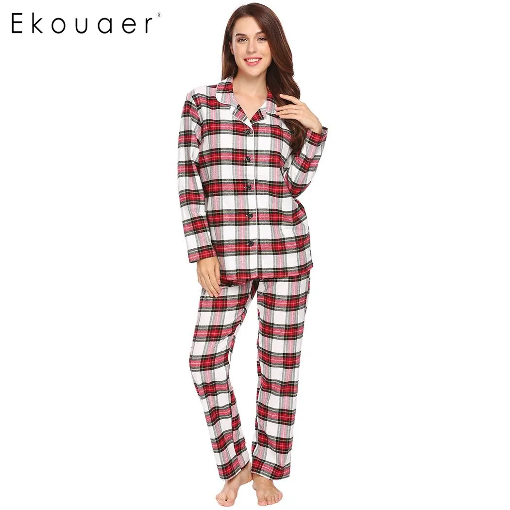 Ekouaer Autumn Pijamas Mujer Pyjamas Women Sleepwear Plain Weave