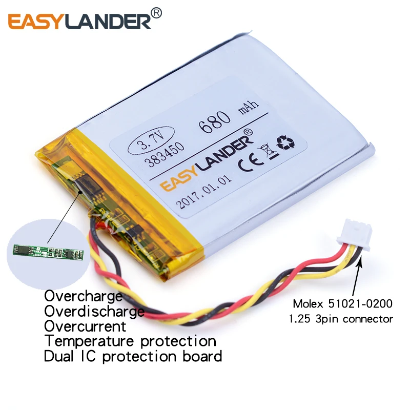 3-wire 383450 3.7v 680mah Li-polymer Li-ion Battery For Traffic Recorder Electronic Part Diy ...