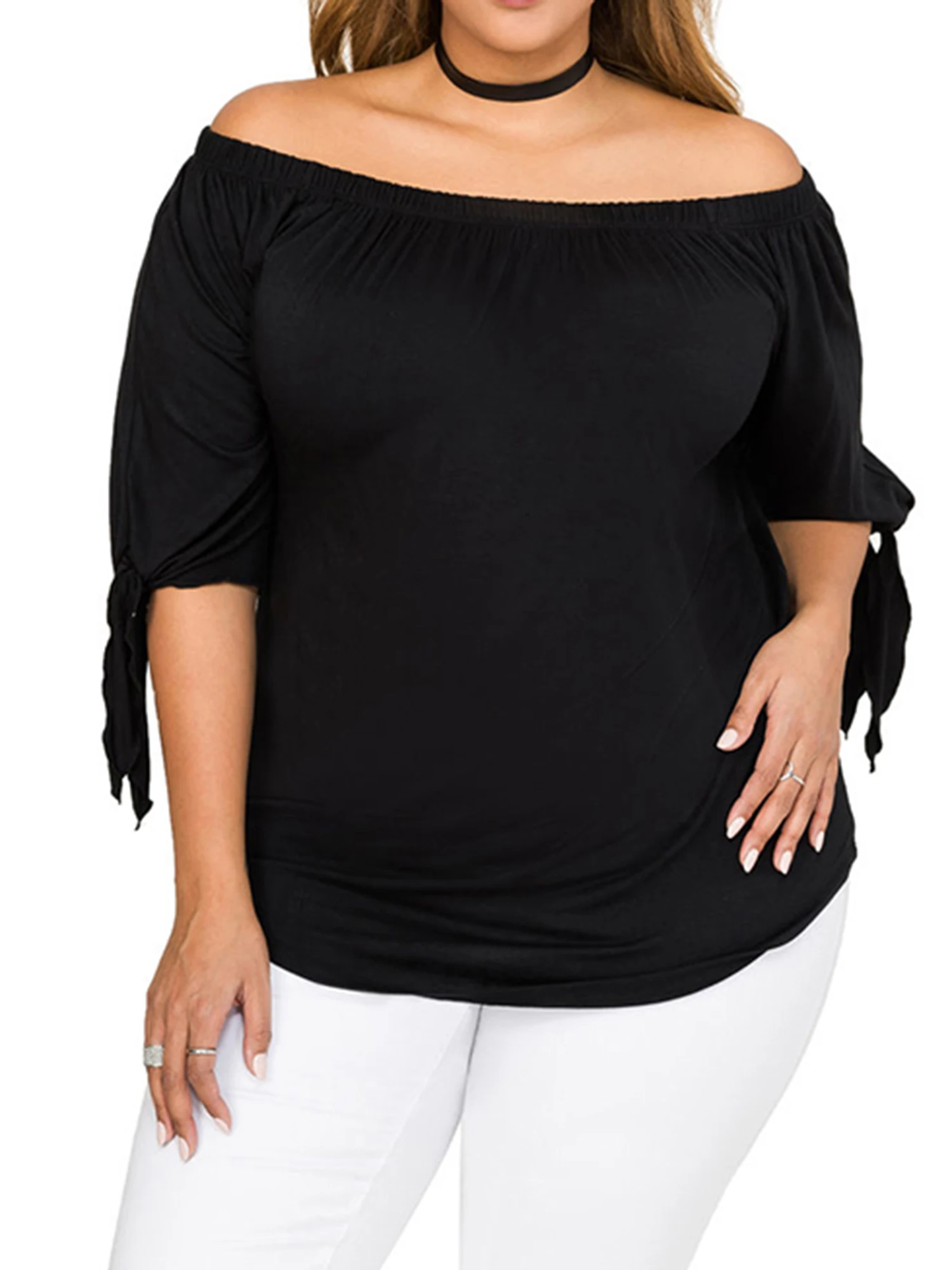 Sexy Plus Size Off Shoulder Top Women Lace Up Half Sleeve Loose Shirt 2018 Casual Solid Black
