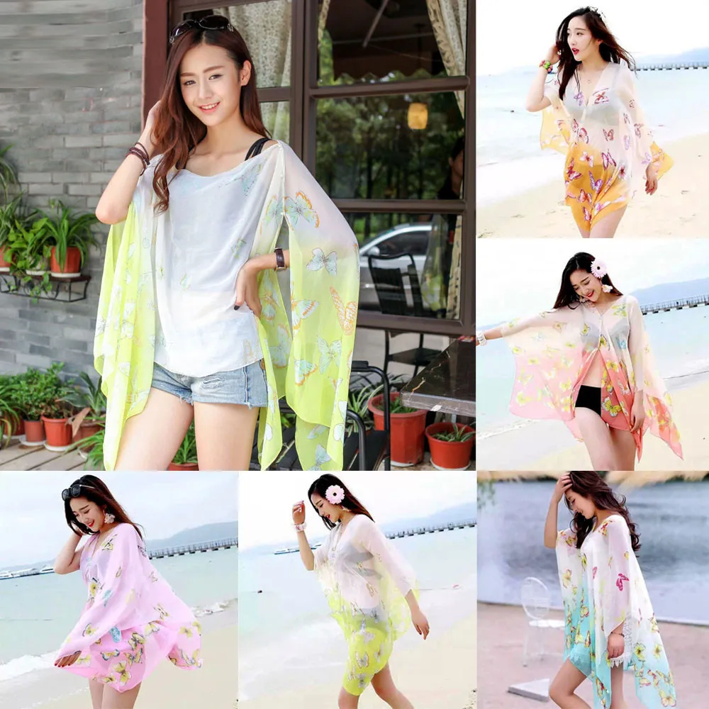2017 Fashion Women Butterfly Printing Beach Tunic Shawl Scarfs Chiffon ...