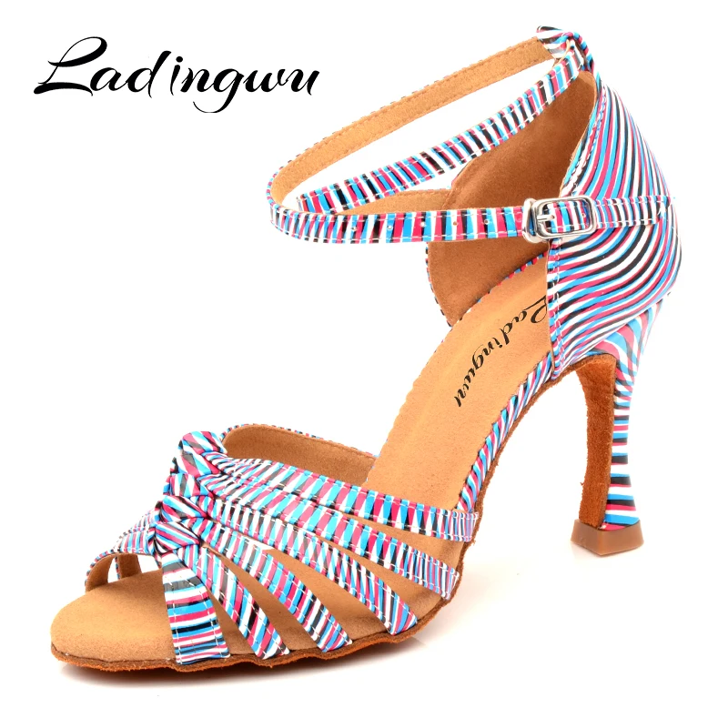 Ladingwu Dance Shoes Latin Women Color Zebra Texture Pu Salsa Dance
