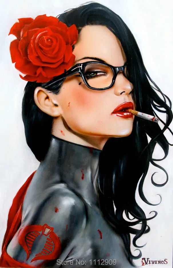 Hand Painted Modern Abstract Wall Art Smoking Red Sexy Woman Oil ...