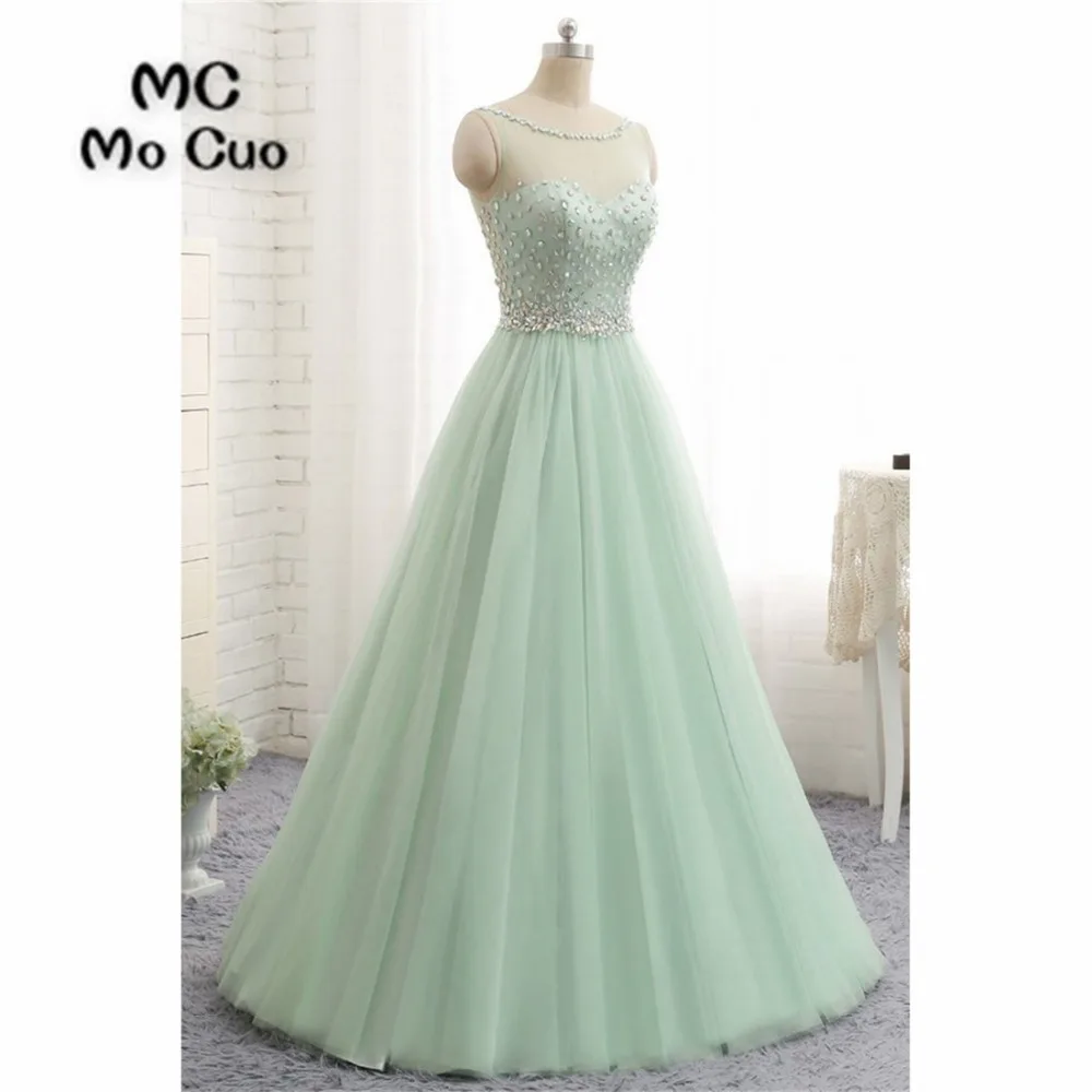 Illusion Prom dresses Long with Crystals Beaded Sweep Train Tulle ...
